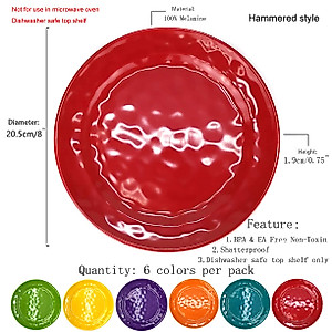 KX-WARE Melamine Plates Set of 6, 8-inch 100% Melamine Salad Plates for Everyday Use, Break-resistant and Lightweight, Multicolor