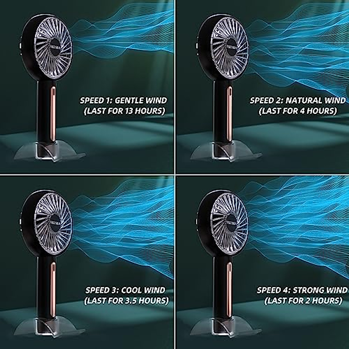 VKUSRA Handheld Fan, Mini Hand Held Fan with Base,Personal Small Battery Operated Portable Hand Fan with 4 Speeds,USB Rechargeable Makeup Desk Fan for Travel Outdoor Office-Black