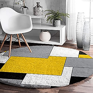 Fluffy Round Area Rugs for Living Room,5ft Carpet Abstract Modern Geometric Art Shaggy Accent Rug Furry Floor Mat for Nursery,Yellow Gray Black White Color Block Plush Non-Slip Bedroom Throw Rugs