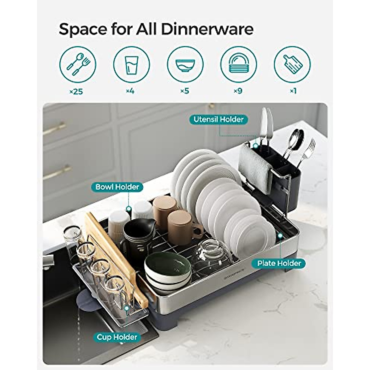 SONGMICS Dish Drying Rack, Stainless Steel Dish Racks for Kitchen Counter, Dish drainers with 360° Rotatable Spout, Removable Drainboard, Fingerprint-Proof, Silver and Gray UKCS030E01