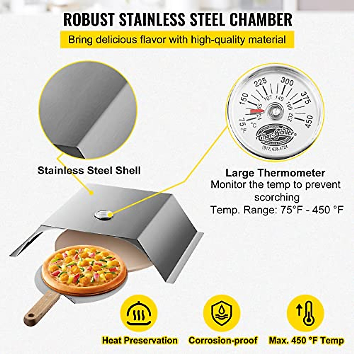 VEVOR Pizza Oven for Outside - Portable Pizza Oven Kit with Pizza Stone, Pizza Shovel, Pizza Cutter, Thermometer for Camping，Stainless Steel Camp Pizza Oven, (13 inch, Silver)