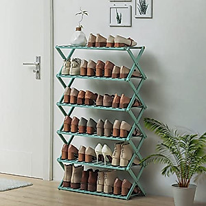 MoNiBloom Folding Shoe Rack for Entryway, Bamboo 6 Tier Stackable Installation-Free Shoe Storage Cabinet for 21-25 Pairs For Boots Heels Sandals Slippers, Green