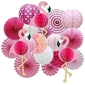 Meiduo Tropical Flamingo Party Honeycomb Decoration, Hawaiian Summer Party Supplies for Adults Kids Birthday Bridal Shower with Flamingo Paper Fans Pom Poms Flowers Paper Lanterns (Pink)