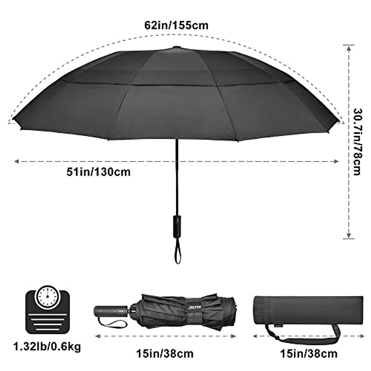 G4Free 62 Inch Large Golf Umbrella Compact Reverse Travel Umbrella 10 Ribs Windproof for Rain Double Canopy Automatic Open Close (Black)