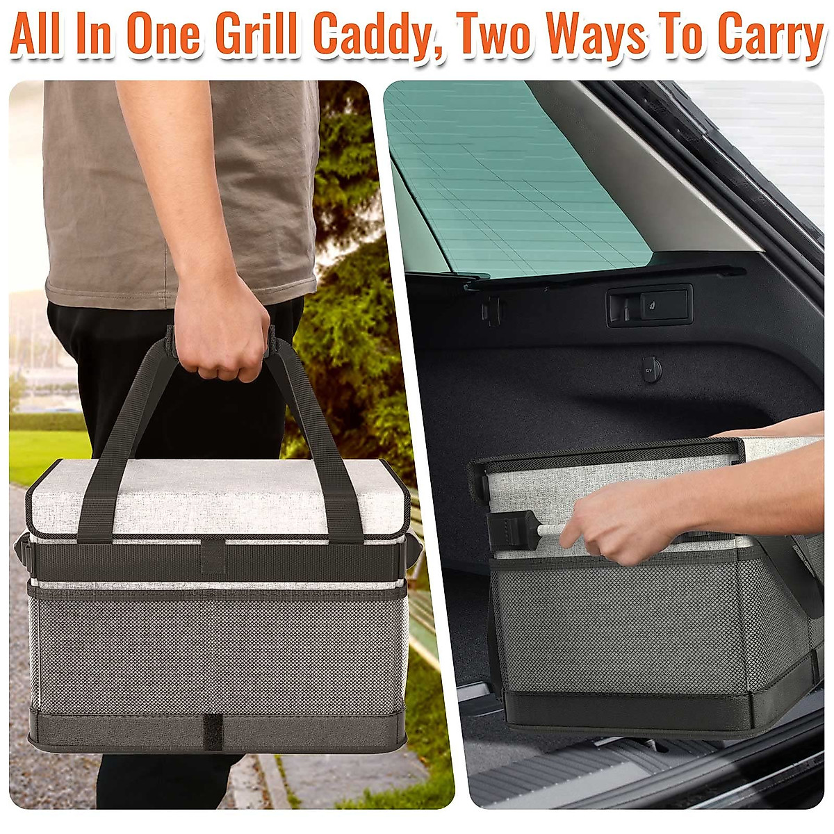 HULISEN Large Grill Caddy with Lid and Paper Towel Holder, BBQ Caddy for Outdoor Grill, Insulated Foldable Barbecue Picnic Caddy for Plates, Utensils, Camping Supplies, Travel or RV, Camper Must Haves