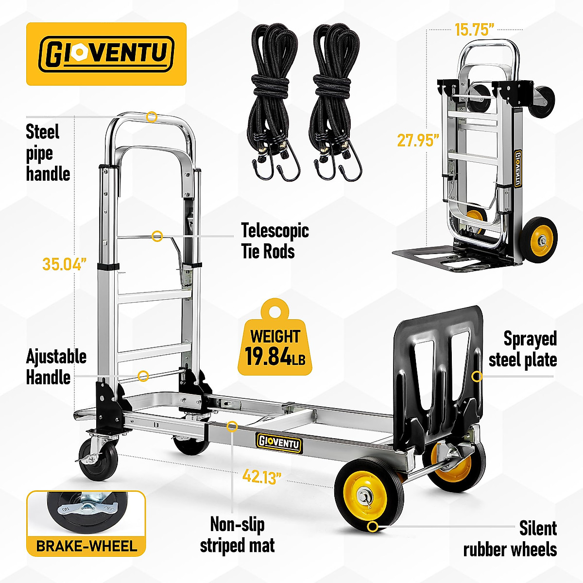 Upgraded Convertible Hand Truck Dolly, 3 in 1 Folding Hand Truck 440 lbs Capacity, Aluminum Utility Dolly Cart with Rubber Brake-Wheels, Anti-Slip Strip & 2 Bungee Ropes for Luggage Moving Warehouse