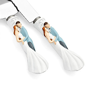 OnePlace Gifts Bride and Groom Wedding Cake Knife and Server Set Bridal Keepsakes White and Light Blue 12.5inch