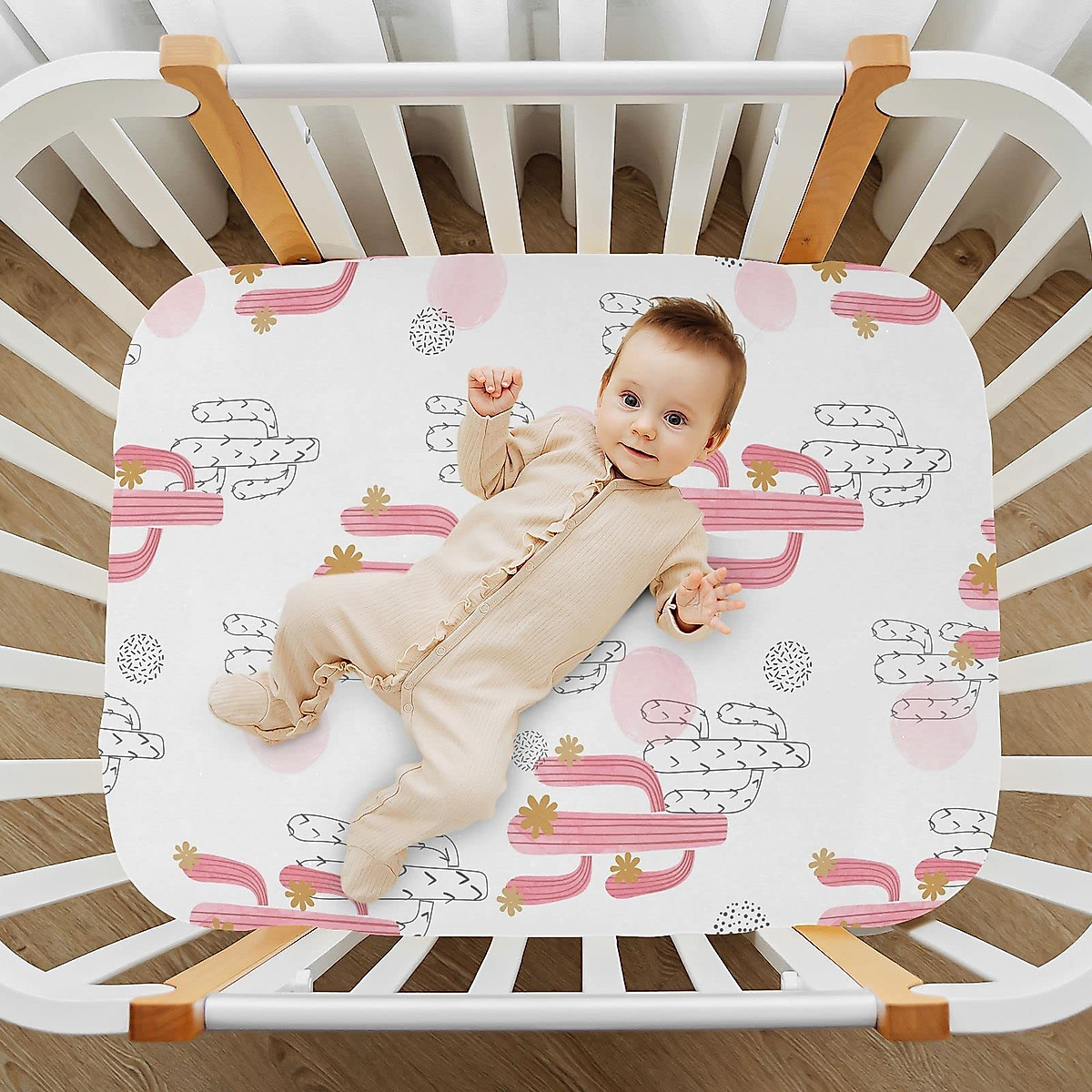 KICPOAY Fitted Crib Sheets Pink Cactus Stretchy Portable Playard Sheets for Baby Toddler, Breathable Soft Mini Crib Mattress 52 x 28 in for Boys and Girls