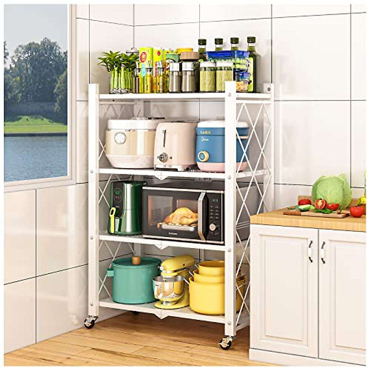 YKLSLH 4-Tier Collapsible Shelves Heavy Duty Folding Shelves Storage Rack with Wheels Portable Storage Shelving Unit for Garage Kitchen Holds up to 1000 lbs Capacity, White