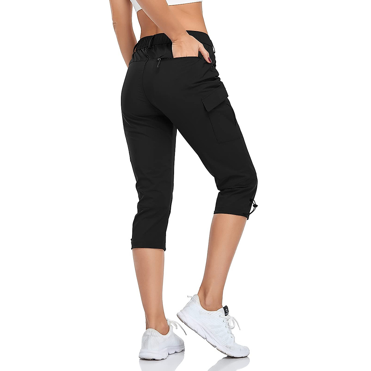 GymBrave Women's Hiking Cargo Pants Quick Dry Outdoor Camping Capris Water Resistant UPF 50 with Zipper Pockets Black