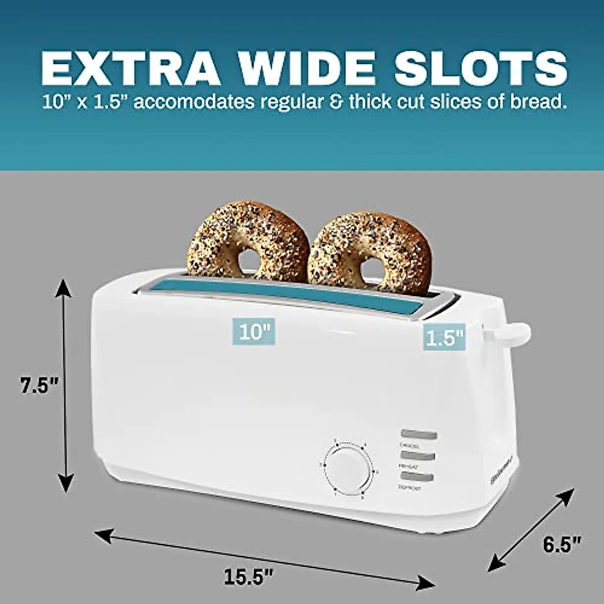 Elite Gourmet ECT-4829 Long Slot 4 Slice Toaster, 6 Toast Settings Toaster Defrost, Reheat, Cancel Functions, Slide Out Crumb Tray, Extra Wide Slots for Bagels Waffles, White