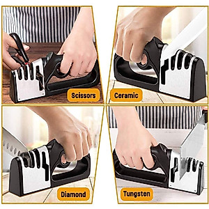 4 Stage Manual Kitchen Knife Sharpener - XPANON Professional Stainless Steel Chef Knives Sharpener with Scissors Sharper, Easy to Use for Kitchen, Camping & Hiking