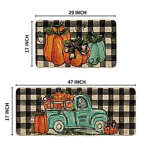 Artoid Mode Buffalo Plaid Pumpkins Truck Bow Tie Fall Kitchen Mats Set of 2, Home Decor Low-Profile Kitchen Rugs for Floor - 17x29 and 17x47 Inch