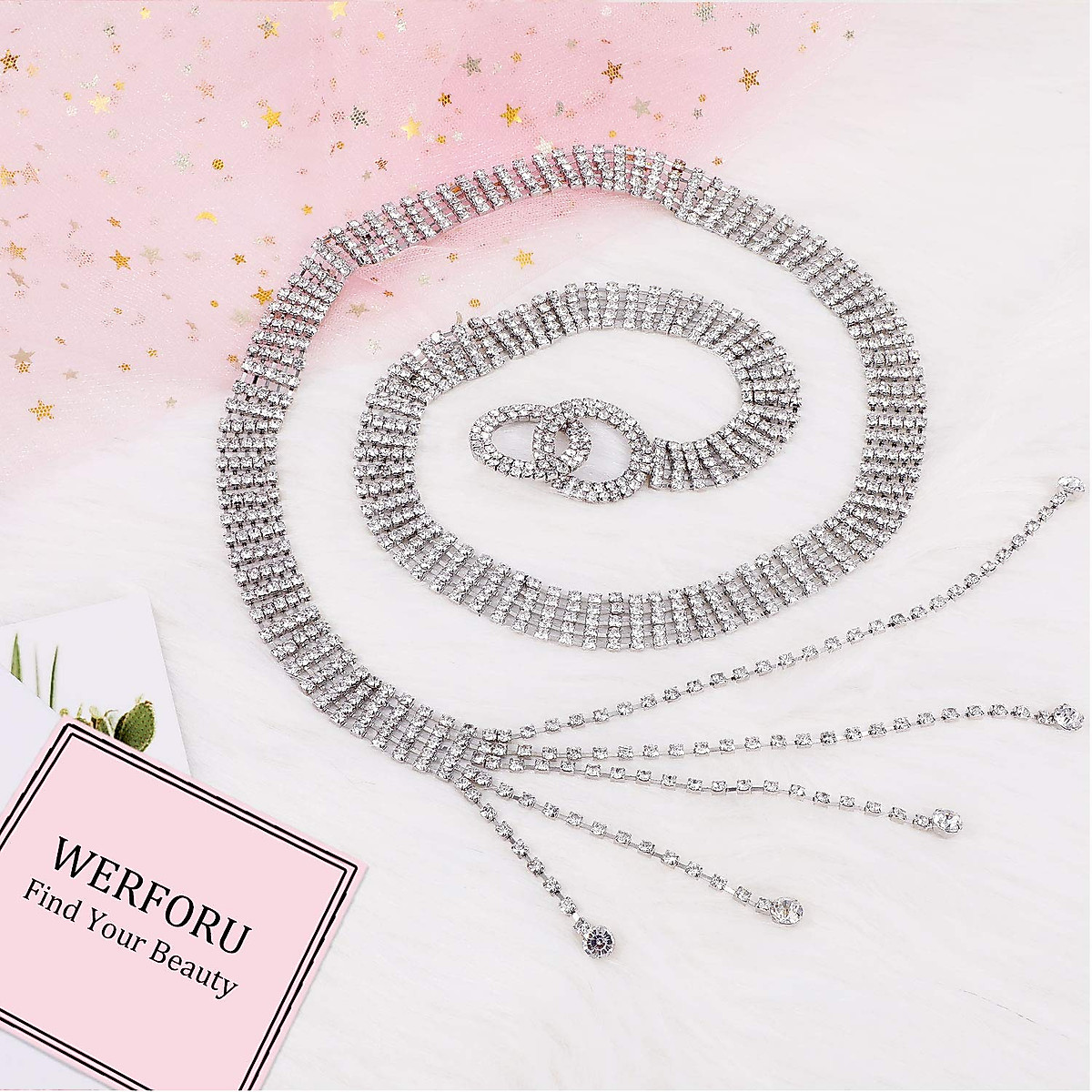 WERFORU Women Crystal Rhinestone Shiny Chain Waist Belt Party Club Sparkle Belt(B-Silver, Pants Size below 38 Inches)