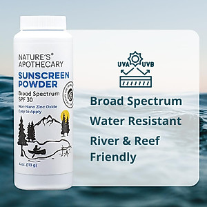 All-Natural, Benzene Free, Non Nano Zinc Oxide Sunscreen Powder SPF 30 - Water & Sweat Resistant, Reef & River Friendly, Hypoallergenic, Biodegradable, Made in USA by Nature's Apothecary