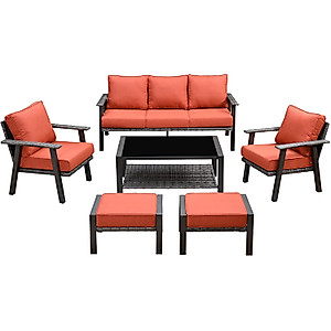 ovios Patio Furniture Set 6 Pieces All Weather Outdoor Wicker Rattan Sofa Set with Coffee Table Ottomans High Back Sofa Thick Cushion Garden Backyard Porch (Orange Red)