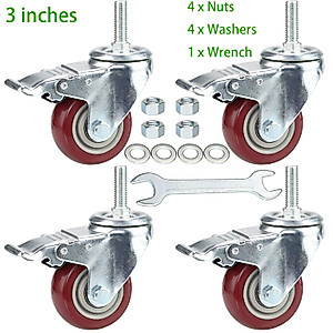 DICASAL 3 Inch Swivel Stem Casters Heavy Duty American Size UNC 1/2"-13x1-1/2"Stem Thread Wheels 360 Degree Durable Wheels Dual Safety Locks Castors with 990 Lbs Capacity Pack of Four