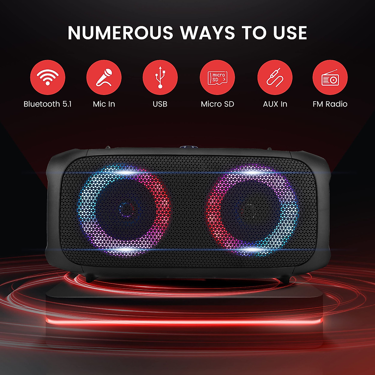 Pyle Wireless Portable Bluetooth Boombox Speaker, 500W Rechargeable Speaker Portable Barrel Loud Stereo System, Flashing LED, FM Radio/Aux/MP3/USB Flash Drive/Micro SD, Includes Wired Microphone
