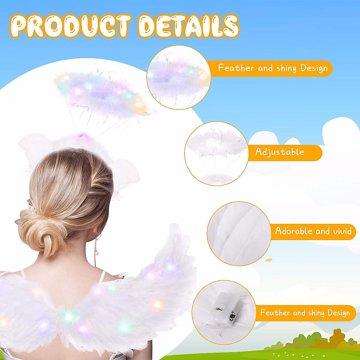 Liitrsh 4 Sets Light up Angel Wings and Headband Set White Angel Wings Costume for Girls Led Angel Feather Wings for Kids Women Halloween Christmas