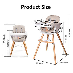 Foho Baby High Chair, Perfect 3 in 1 Convertible Wooden High Chair with Cushion, Removable Tray, and Adjustable Legs for Baby & Toddler (Beige)