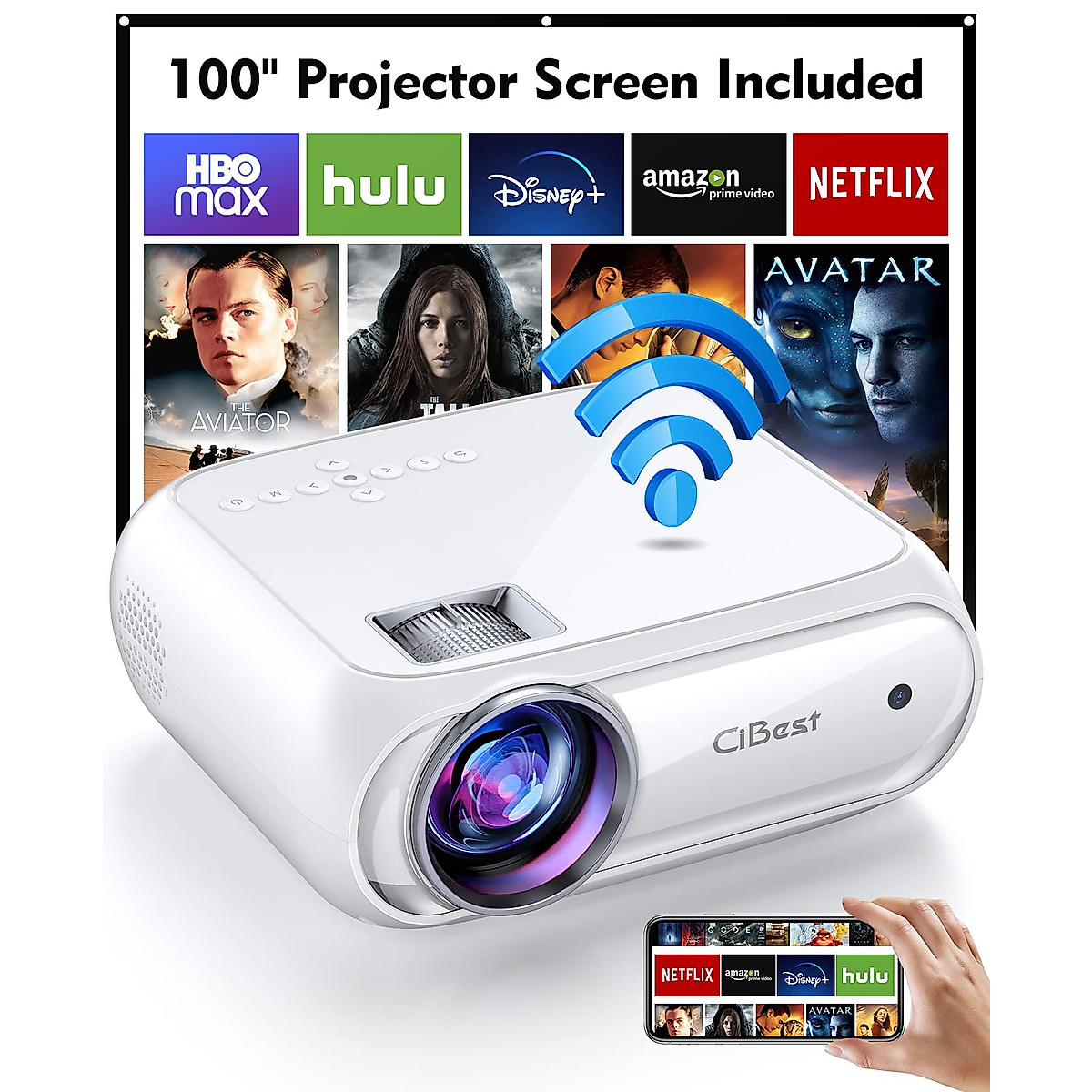 Cibest WiFi Projector Native 1080p, 8000L Movie Projector with High Contrast of 9000:1, Home Projector, Phone Projector, Compatible with iPhone, Android, TV Stick, etc. Projector Screen Included