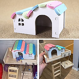 Hamster Platform with Ladder,Wooden House Hut Hideout Swing Rat Playground Activity Set with Climbing Ladders Play Toys for Mouse,Gerbil, Small Animals