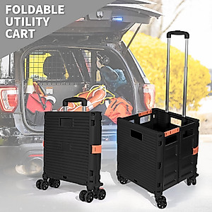 Rolling Crate Utility Cart Collapsible Tote Basket Teacher Cart with Lid Wear-Resistant Noiseless 360°Rotate Wheel Telescoping Handle for Trave Moving Luggage Use(Black,110lbs)