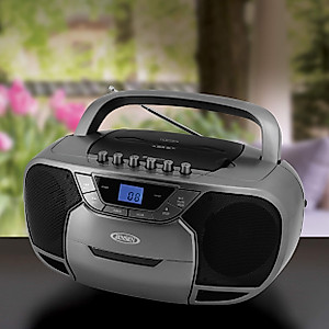 JENSEN CD-590-GR CD-590 1-Watt Portable Stereo CD and Cassette Player/Recorder with AM/FM Radio and Bluetooth (Gray)