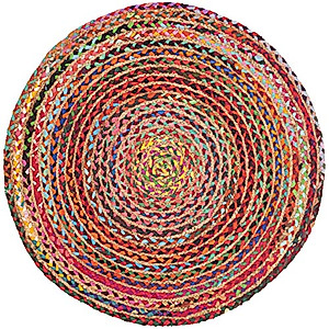 SAFAVIEH Cape Cod Collection Area Rug - 3' Round, Red & Multi, Handmade Braided Boho Jute & Cotton, Ideal for High Traffic Areas in Living Room, Bedroom (CAP702Q)
