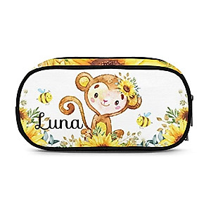Custom Pencil Pen Case, Personalized Pencil Bag Pouch Box with Zipper, Pencil Pouch for School Office and Travel Sunflower Monkey