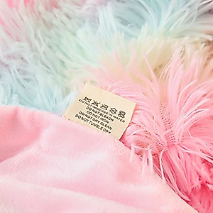 YOU SA Colorful Rainbow Design Shaggy Faux Fur Blanket Ultra Plush Long Hair Decorative Throw Blanket 51''x63'', Rainbow-1