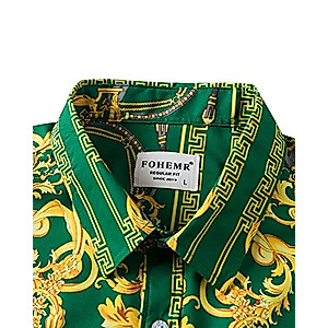 fohemr Mens Gold Chain Dress Shirts Luxury Short Sleeve Baroque Print Casual Button Down Design Buchona Shirts Green XX-Large
