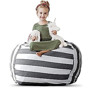 Creative QT Stuff ’n Sit Extra Large 38’’ Bean Bag Storage Cover for Stuffed Animals & Toys – Gray & White Stripe – Toddler & Kids’ Rooms Organizer – Giant Beanbag Great Plush Toy Hammock Alternative