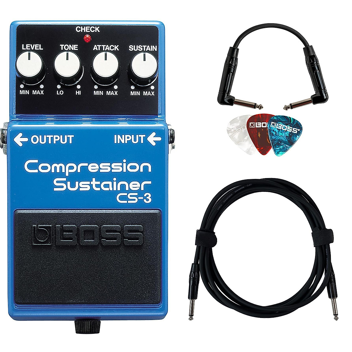 Boss CS-3 Compressor/Sustainer Bundle with Instrument Cable, Patch Cable, and Picks