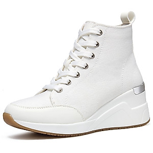 Cestfini White High Top Canvas Shoes for Women Wedge Sneakers Non-Slip Lace Up Platform Sneakers