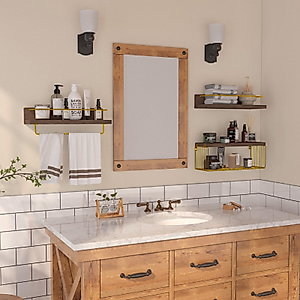 PopiShelves Bathroom Shelves Over Toilet for Wall, Floating Shelves with Storage Basket Paper Holer for Kitchen Living Room, Bedroom & Classroom, Set of 3 (Brown and Gold)