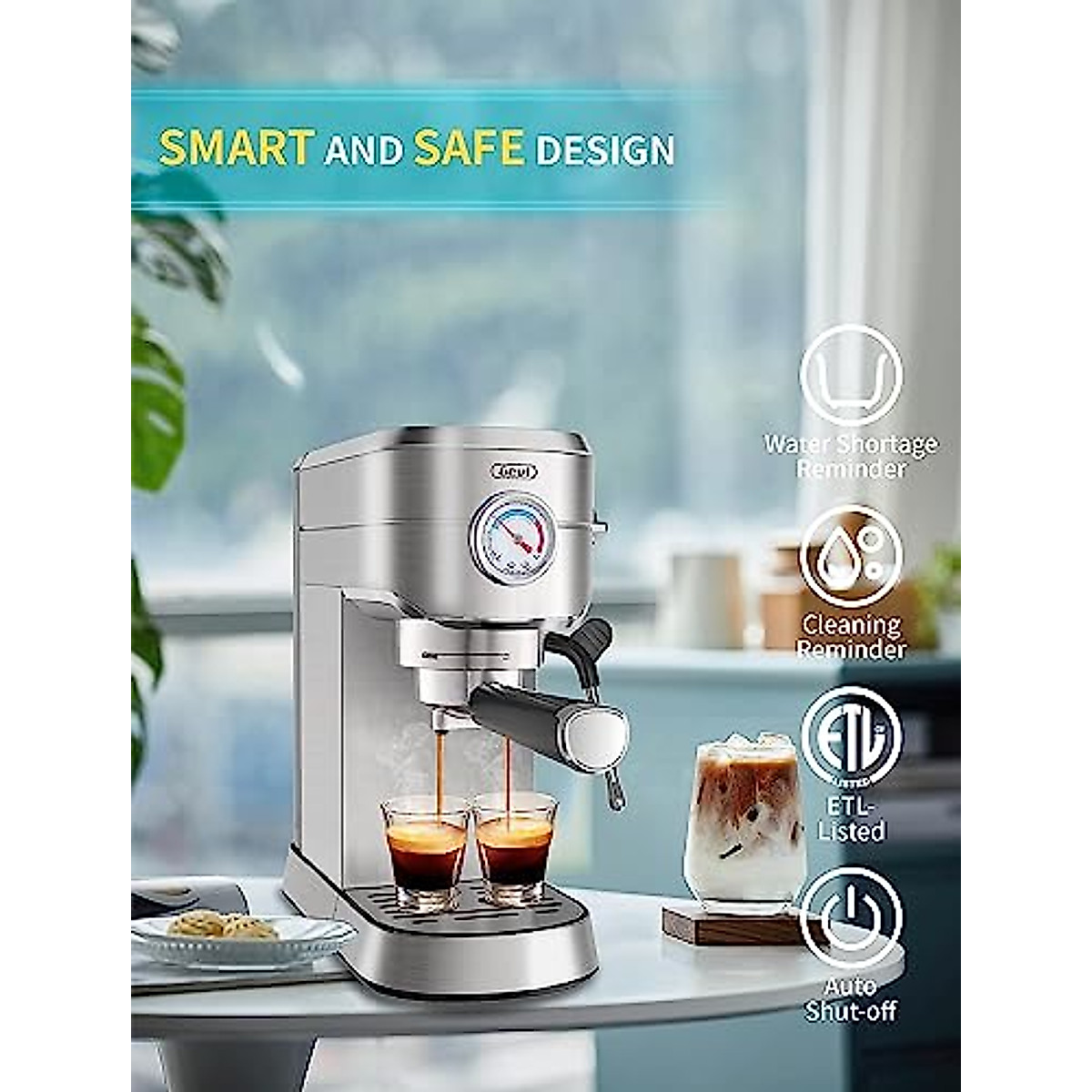 Gevi 20 Bar Compact Professional Espresso Coffee Machine with Milk Frother/Steam Wand for Espresso, Latte and Cappuccino, Stainless Steel, 35 Oz Removable Water Tank