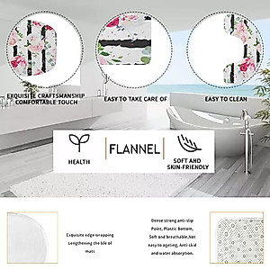 4 Piece Black White Stripes Pink Rose Flower Floral Modern Shower Curtains Sets with Non-Slip Rugs, Toilet Lid Cover and Bath Mat, Bathroom Sets with Shower Curtain and Rugs and Accessories