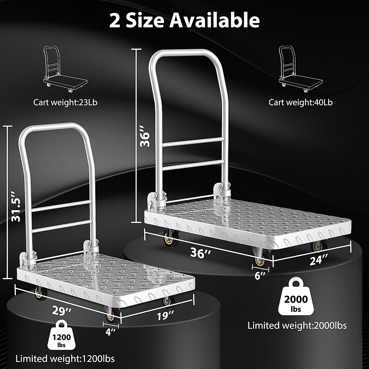 Platform Truck Cart with Wheels and Handle Heavy Duty 36x24 Inches Cart with 6" Wheels, 2000lb Capacity Flatbed Hand Truck Push Cart Silver