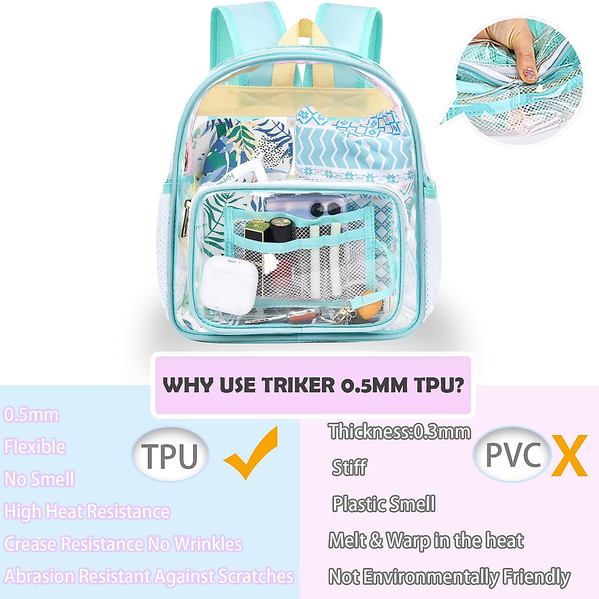 BYXEPA Clear Mini Backpack Stadium Approved Heavy Duty TPU See Through Transparent Backpacks Bookbags with Reinforced Strap for Girls Women Concerts and Sporting Event, Work, School, Security- 12*12*6in Lavender