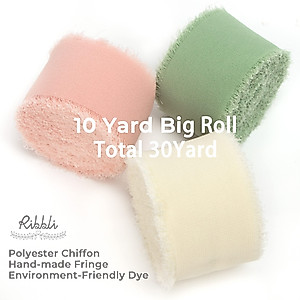 Ribbli Chiffon Ribbon 1.5 inch x 30 Yard Handmade Silk Ribbon, Ivory/Blush Pink/Sage Green Fringe Chiffon Ribbon for Wedding Invitations, Bridal Bouquets Wrapping, Flower Arrangement Decoration
