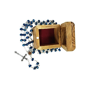 LION OF JUDAH MARKET Olive Wood First Communion Jewelry Box with Rosary Deep Blue Glass