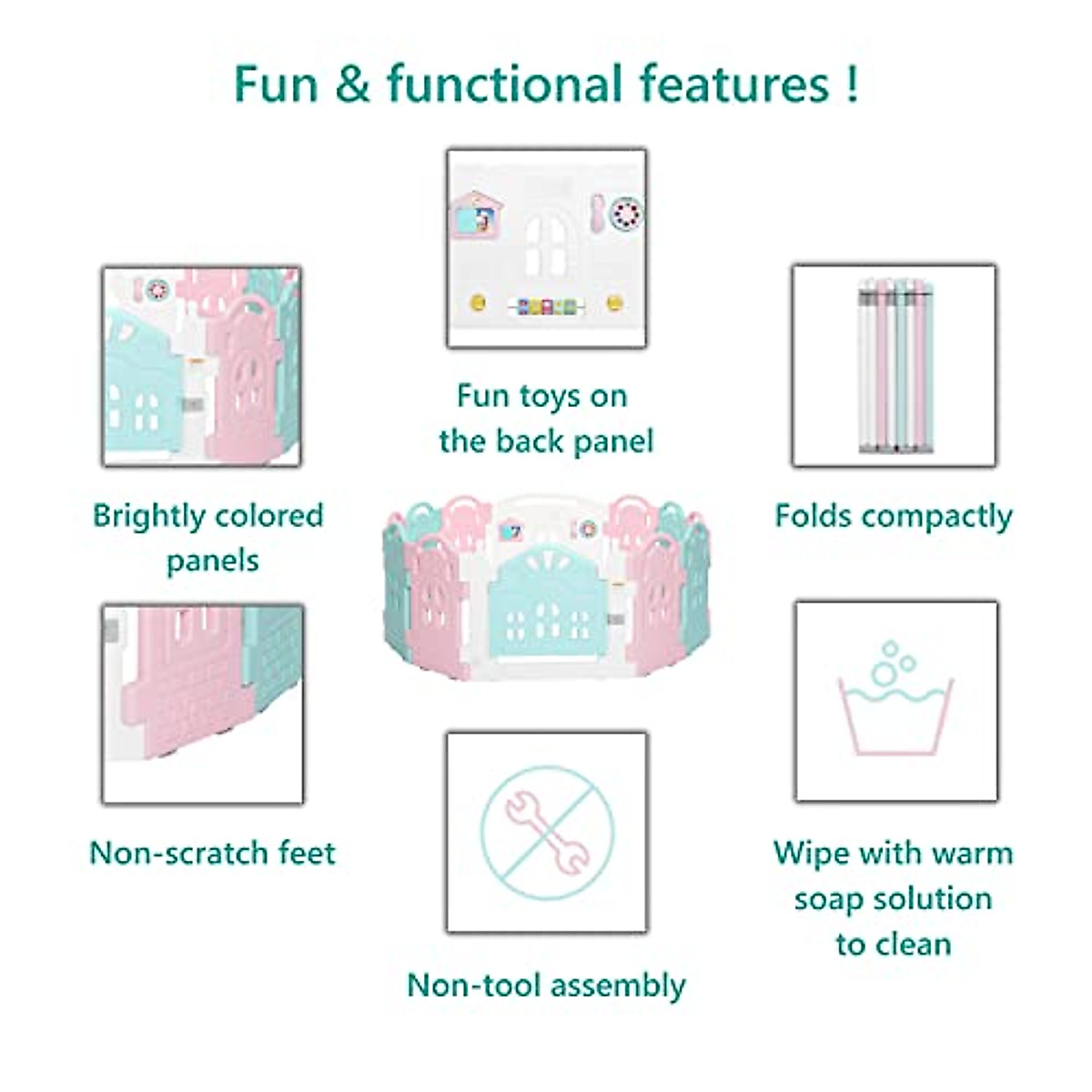 Dream On Me 12 Panel Rumi Baby Playpen in Pink and Blue, Easy to Fold and Store, Fun Game Panel, Indoor and Outdoor Playpen for Babies and Toddlers