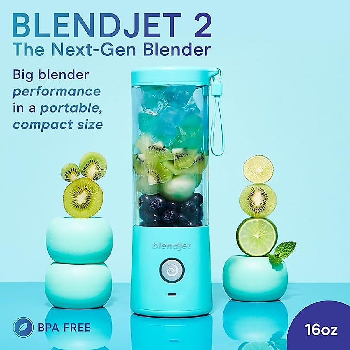 BlendJet 2-Pack Portable Blender for Smoothies & Shakes - 16oz BlendJet 2 Cordless Blender, USB-C Charging & Self Cleaning - Quiet Mini Travel Blender w/Stainless Steel Blade, Black & Mint (Renewed)