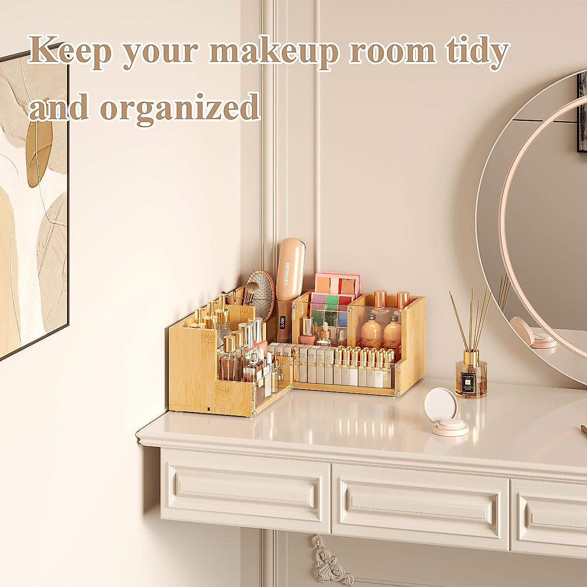 LUMAMU Bamboo Bathroom Organizer with Acrylic Panels, Corner Countertop Storage for Hair Dryer, Cosmetics, and Toiletries, Multipurpose Vanity Caddy for Home, Makeup, and Bathroom Essentials