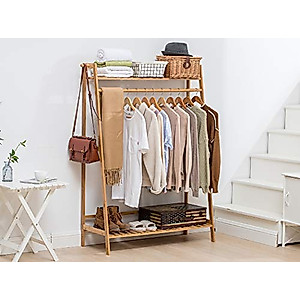 COPREE Bamboo Garment Coat Clothes Hanging Heavy Duty Rack with top Shelf and Shoe Clothing Storage Organizer Shelves