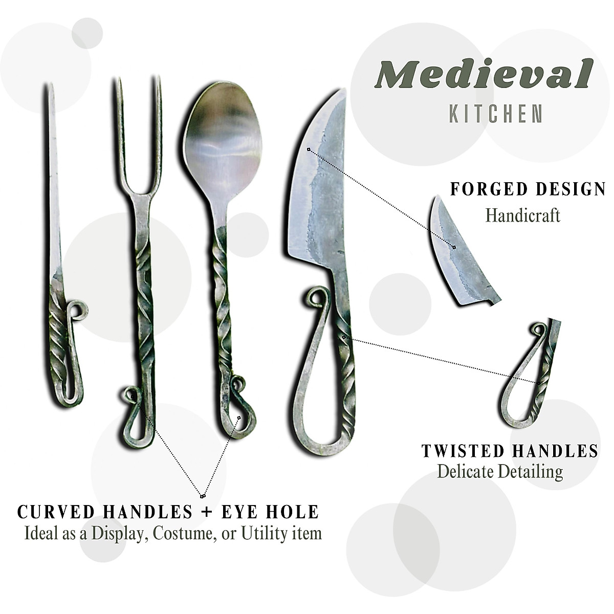Hand Forged Medieval Eating Utensils Set with Leather Cover - 4 PCS Viking Cutlery Set Fork Spoon and Knife Set - Medieval Feasting Silverware and Flatware Set