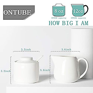 ONTUBE Porcelain Sugar and Creamer Set of 3,Cream Pitcher, Spoon, Sugar Bowl with Lid,Cream (White)