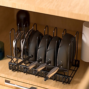 Vdomus Pan Organizer with Pot lid Holder Handle Bracket Design, Black Metal Kitchen Pot and pan organizer rack for cabinet or Counter, pot organizer with 7 adjustable dividers