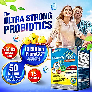 LABO Nutrition FloraGenesis - Probiotics 50 Billion CFU for Women & Men, 15 Strains, 600x More Survivability, Delayed Release, Stomach Acid Resistant, for Gut and Digestive Health - 30 Bags Powder